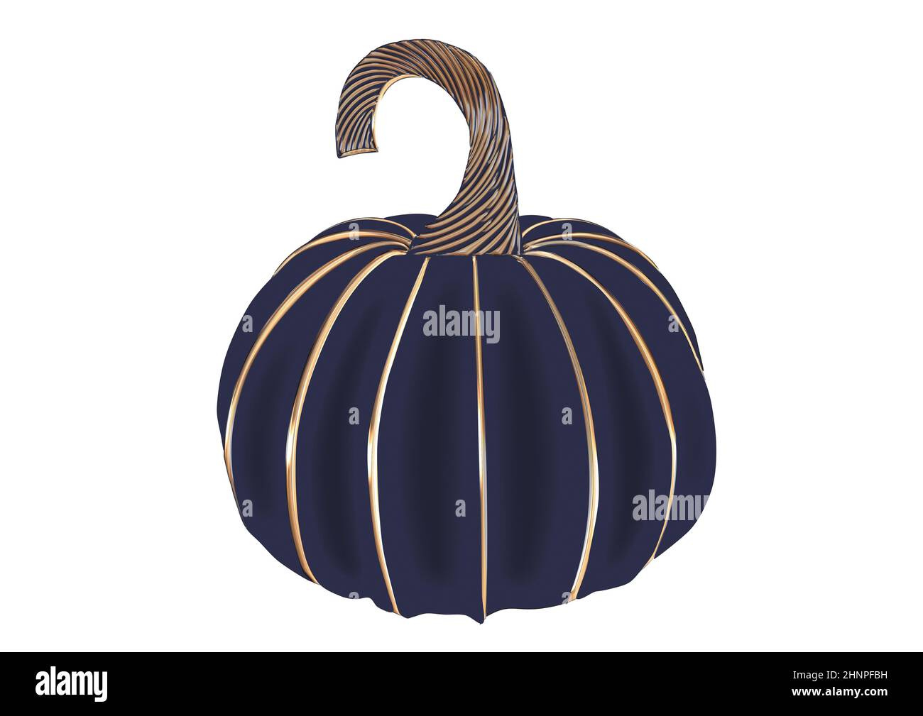 A drawing of a decorative dark blue pumpkin with gold ribs and accents ...