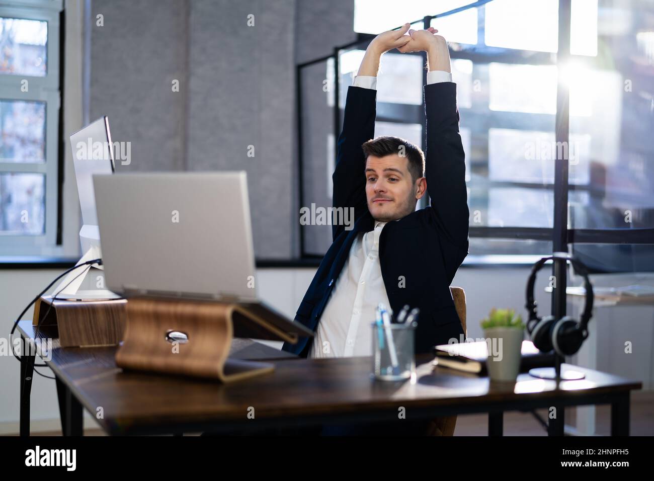 Stretching Office Workout. Desk Stretch Exercise At Workplace Stock ...