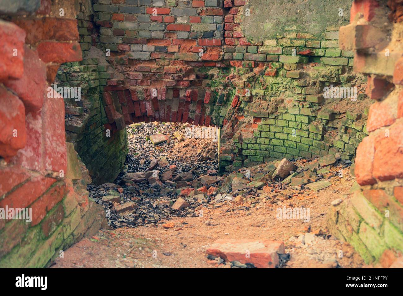 Destroyed overgrown brick wall of old ruined building Stock Photo - Alamy