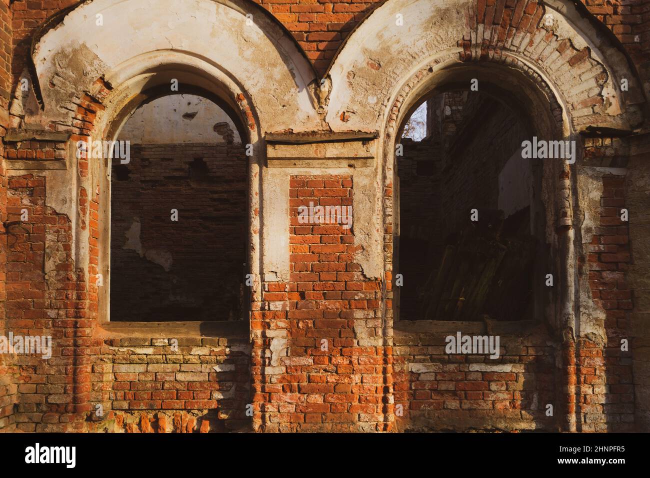 Destroyed wall. windows in brick wall of old ruined building Stock ...