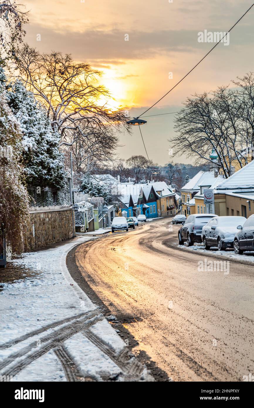village of Grinzing in early morning light in Wintertime Stock Photo ...