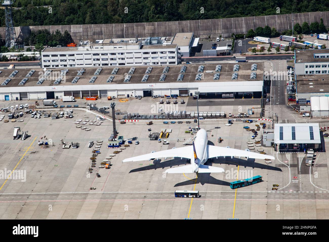 aerial view to arport Frankfurt with big cargo center and two terminals ...