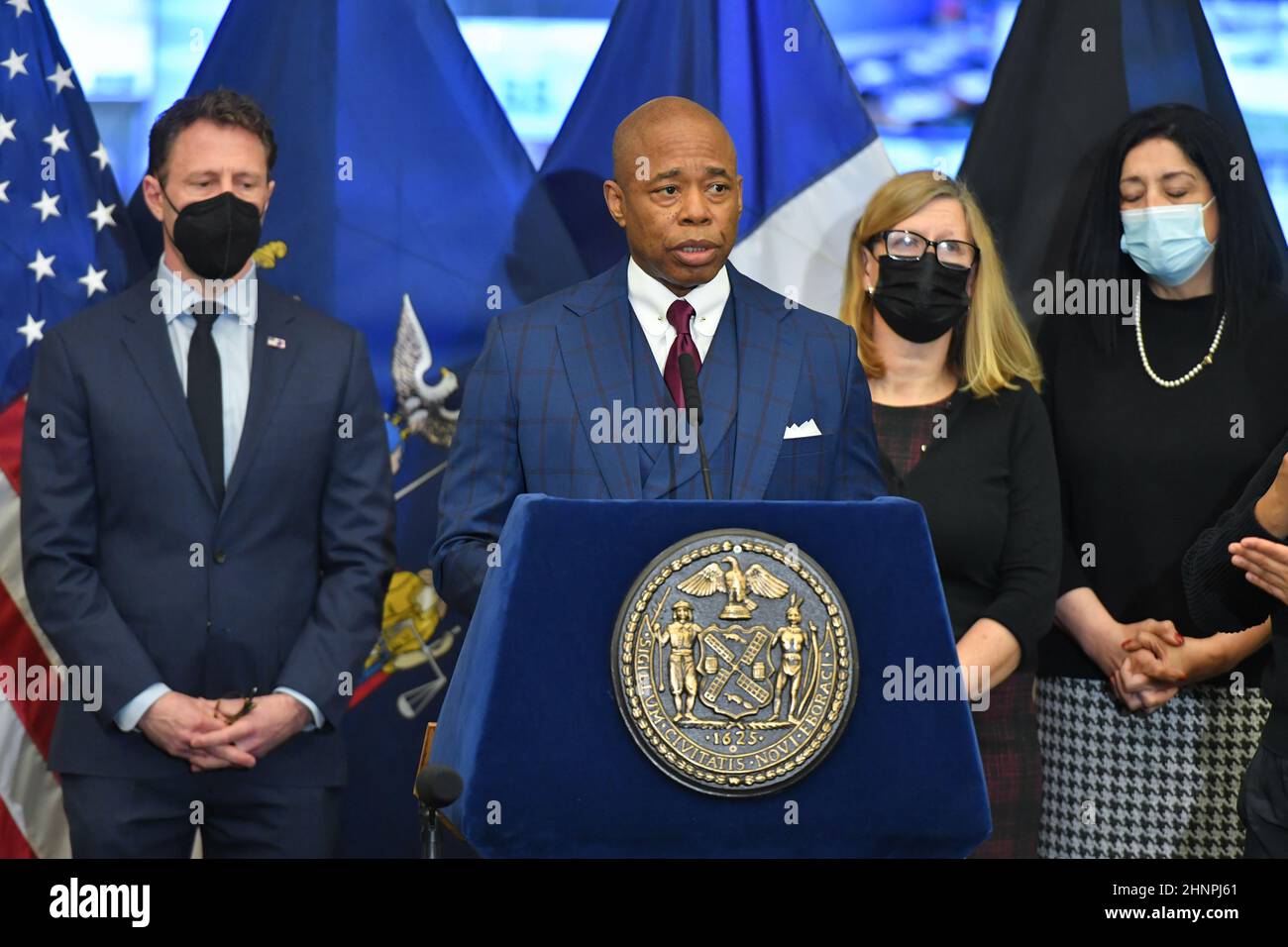Mayor Eric Adams makes an announcement at the Office of Emergency ...