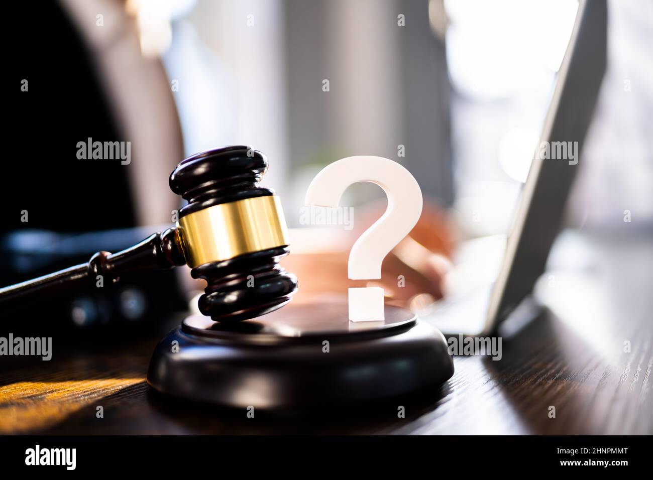 Legal Tech In Court. Justice Gavel And Question Sign Stock Photo - Alamy