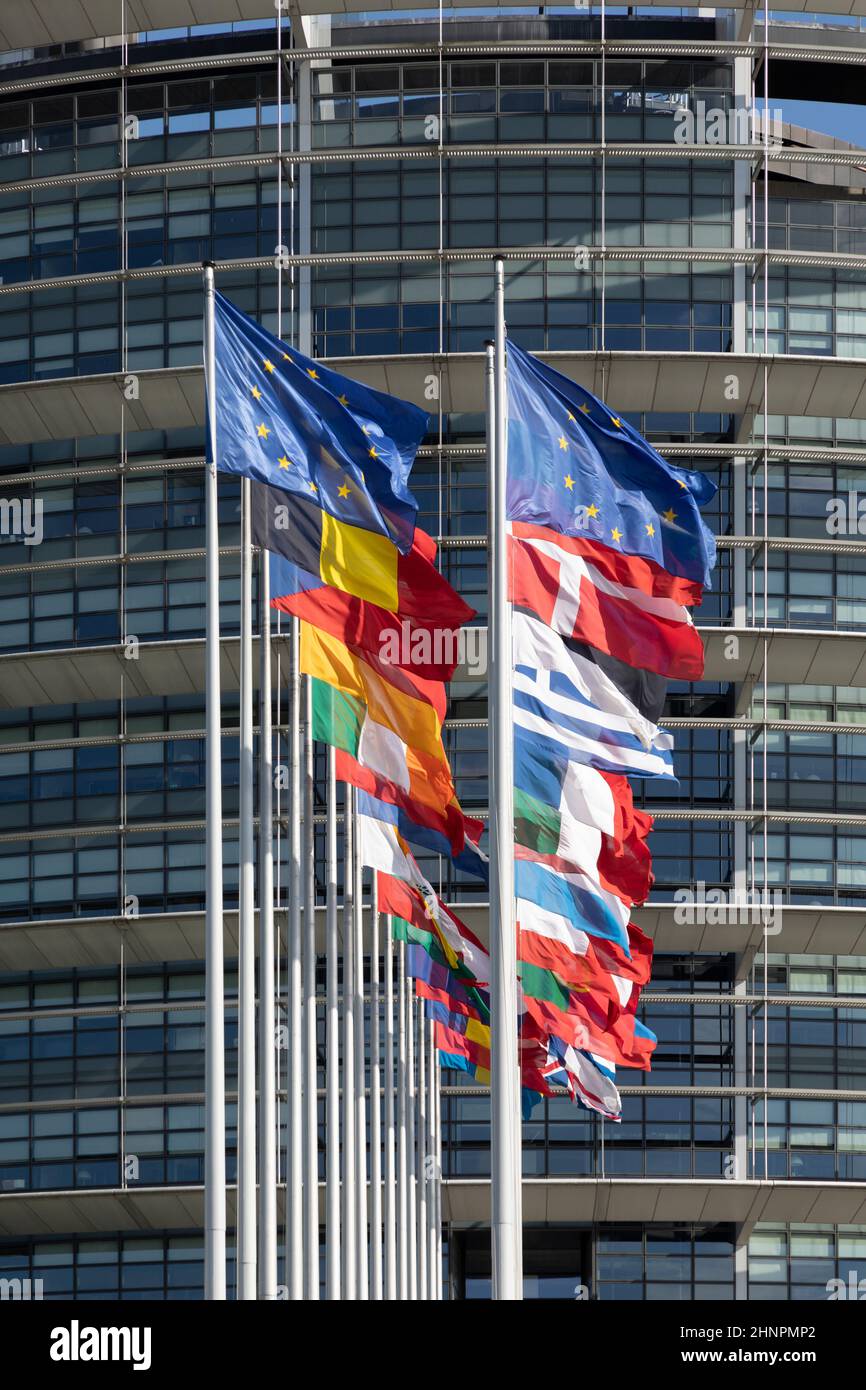 All EU Flags European Union flag waving in front of European Parliament ...