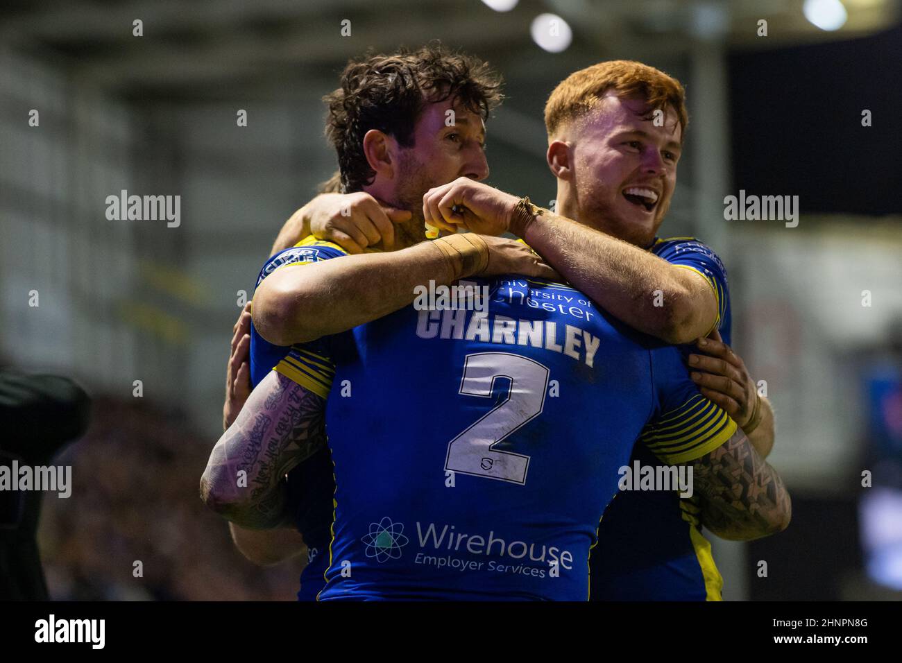 Josh Charnley #2 of Warrington Wolves celebrates his try Stock Photo ...