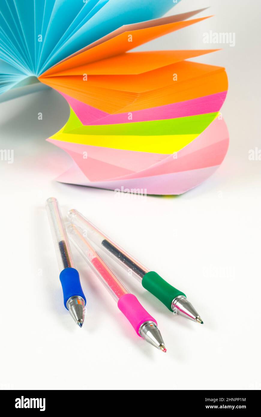 Colorful sticky notes with ballpoints isolated on white background ...