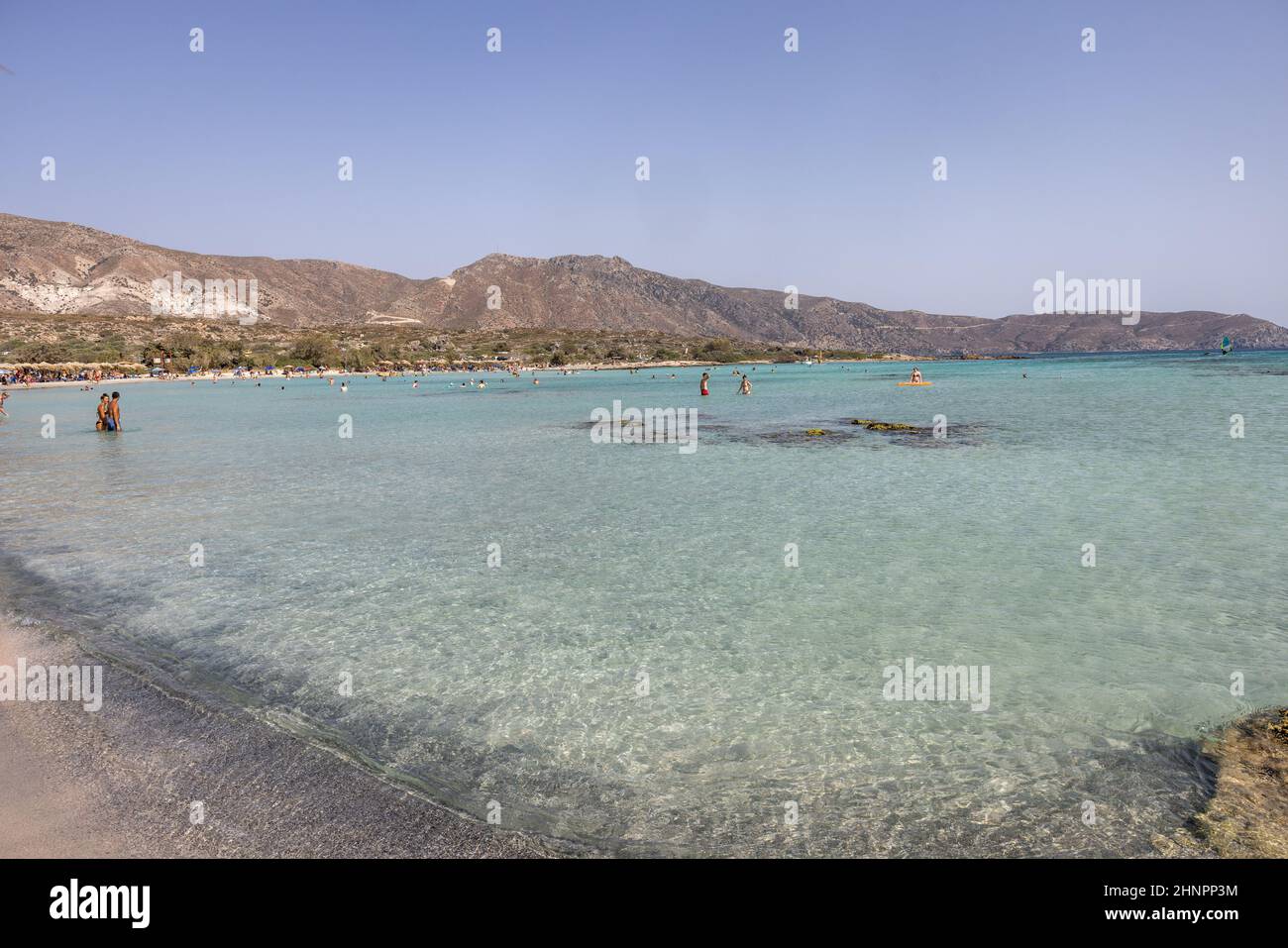 People relaxing on the famous pink coral beach of Elafonisi on Crete ...