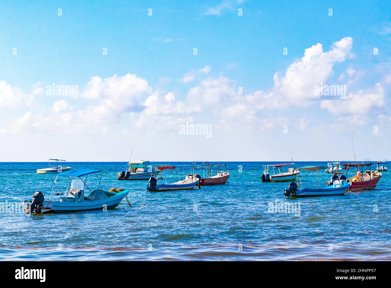 Boats yachts at Tropical mexican beach Playa del Carmen Mexico Stock ...