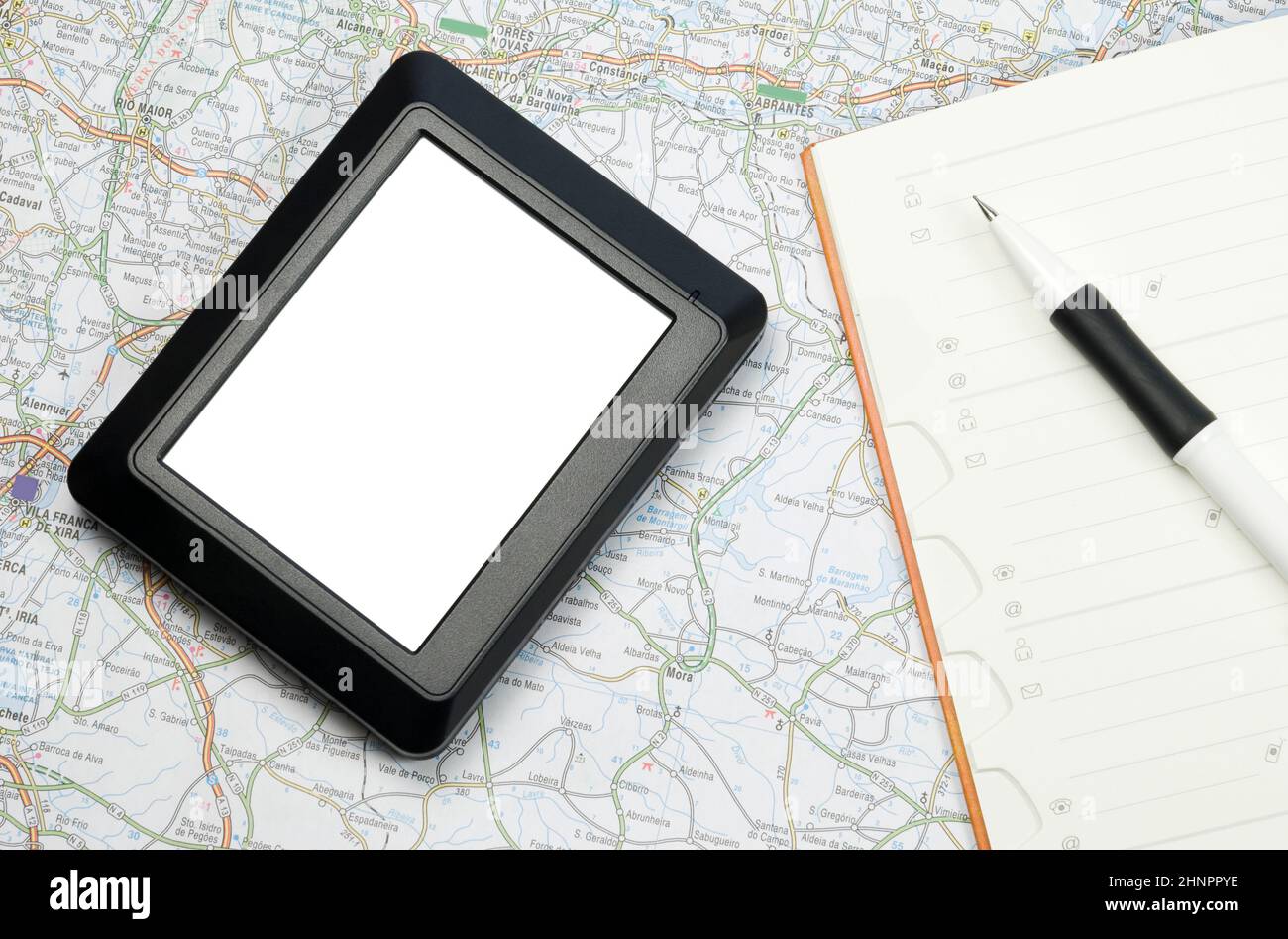 GPS global positioning device with white screen arranged with map ...