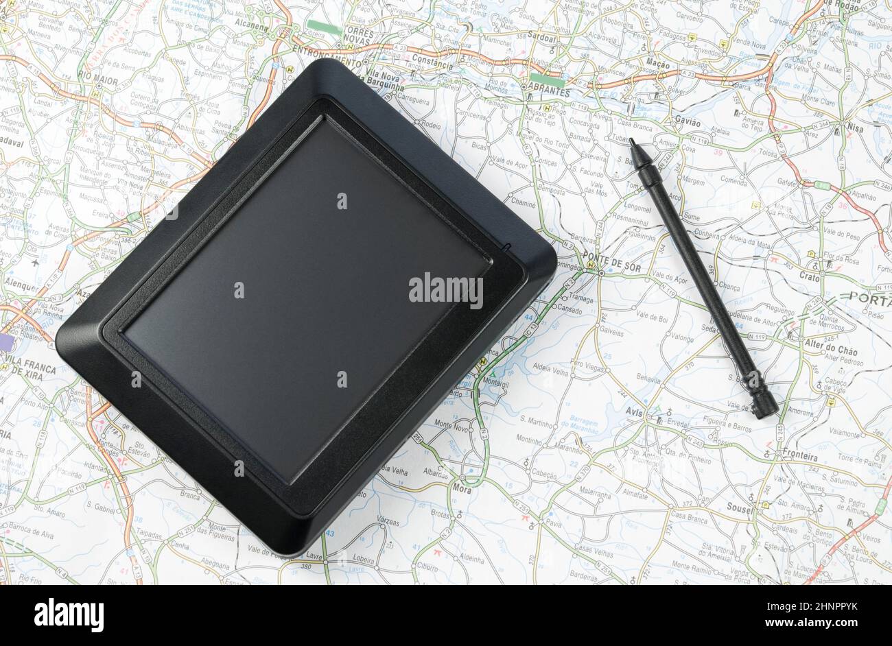 GPS global positioning device arranged with stylus pen and map Stock ...