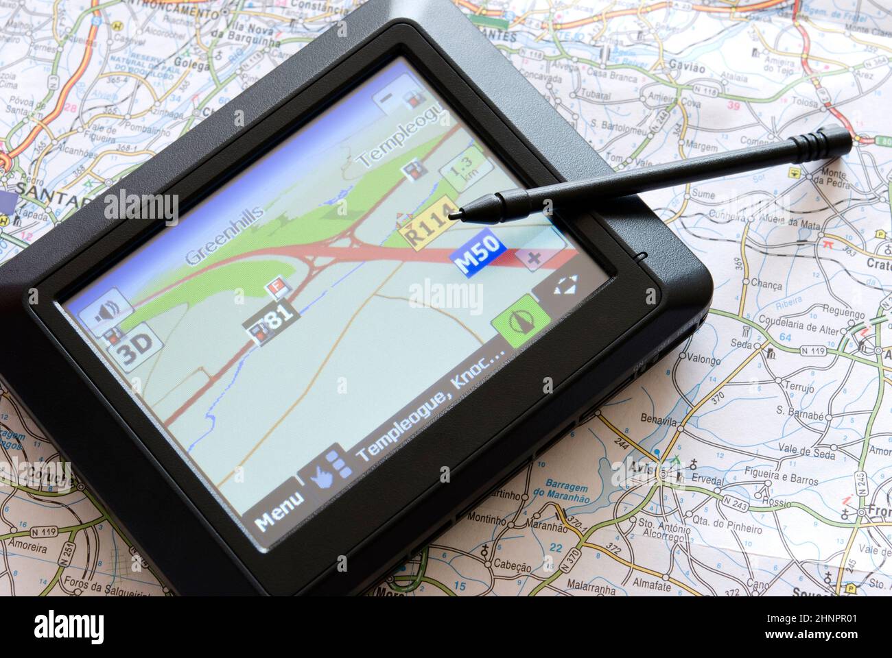 GPS global positioning device with stylus pen and map Stock Photo - Alamy