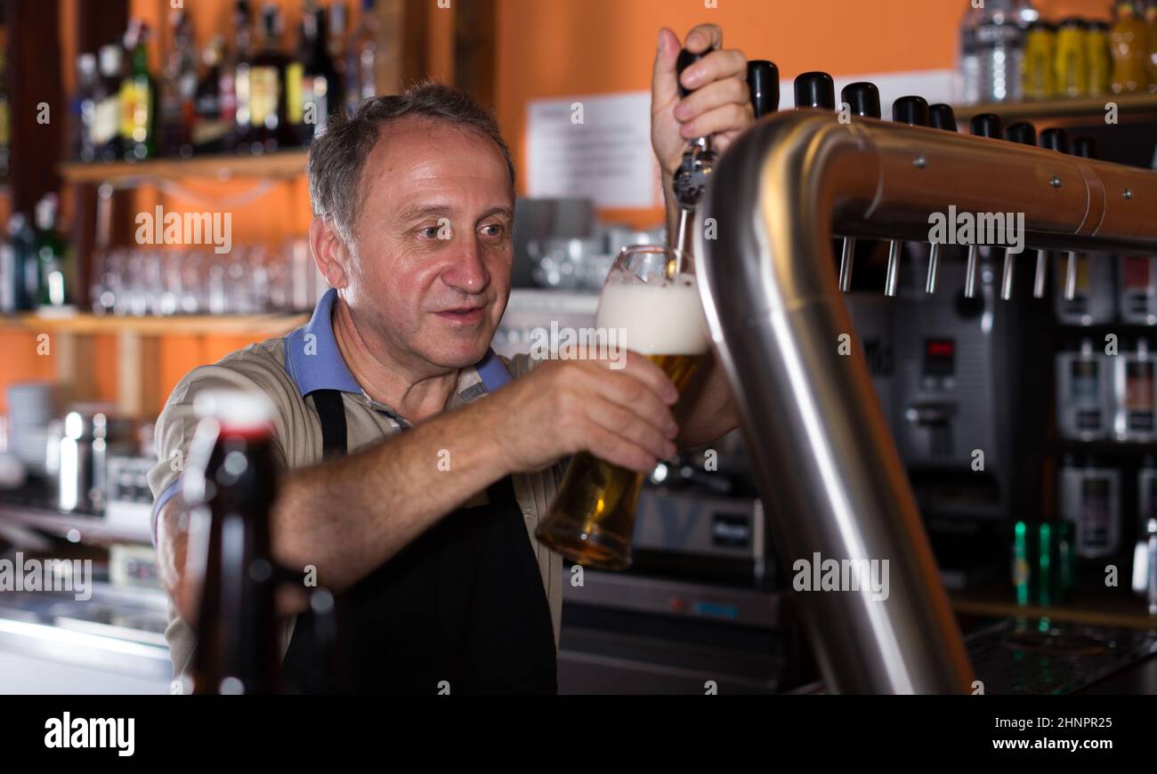 Adult barman is pouring golden beer Stock Photo - Alamy