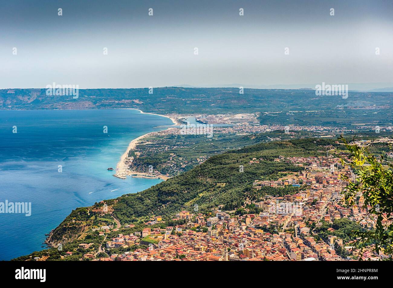Aerial view of the town of Palmi on the Tyrrhenian Sea from the top of ...