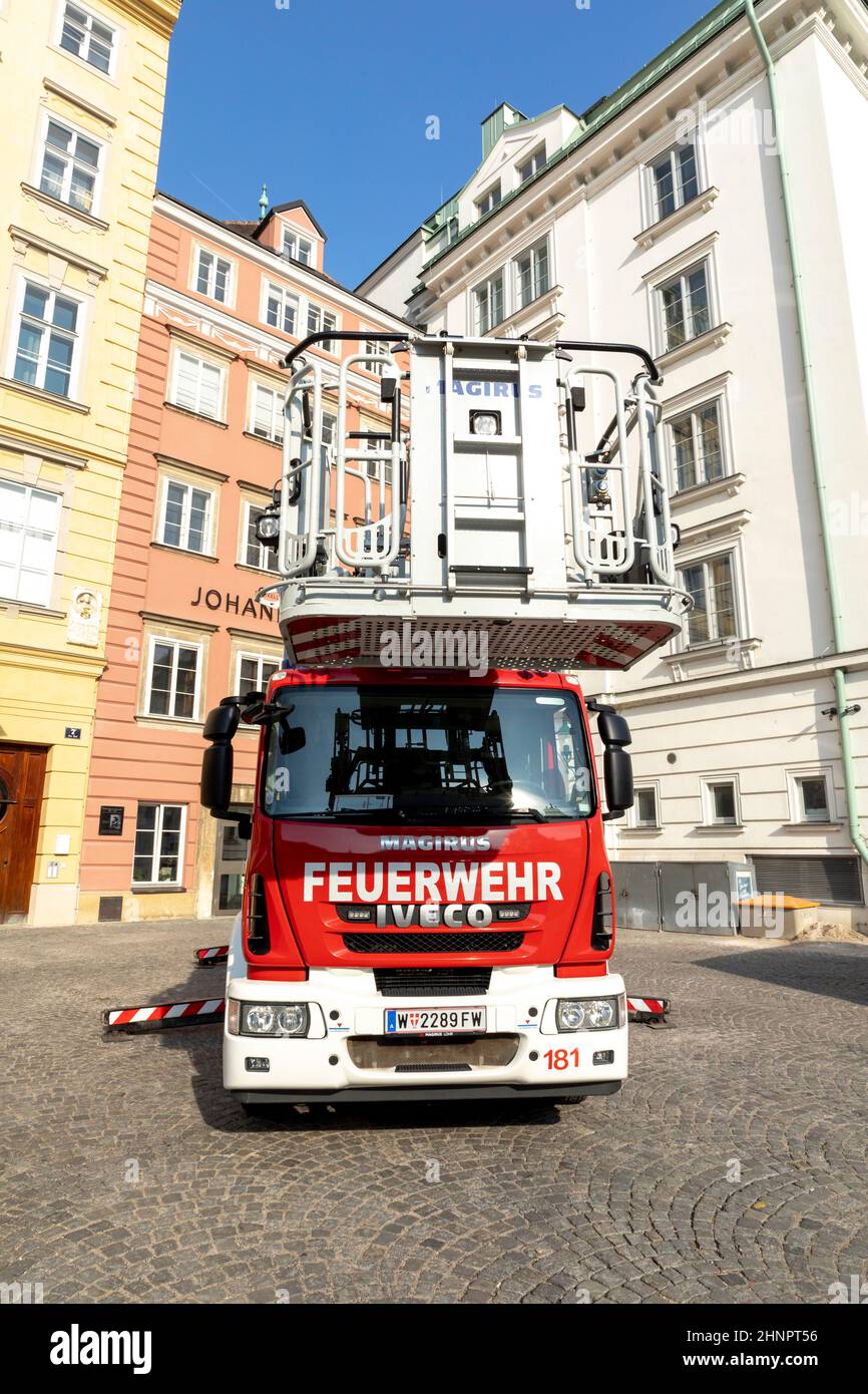 the Vienna fire brigade is testing the rotating ladder at the fire ...