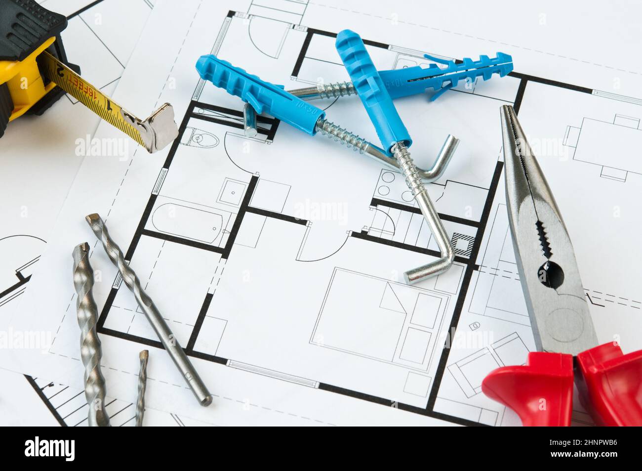 Building plan with selection of construction tools Stock Photo - Alamy