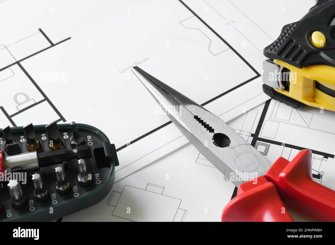 Building plan with selection of construction tools Stock Photo - Alamy