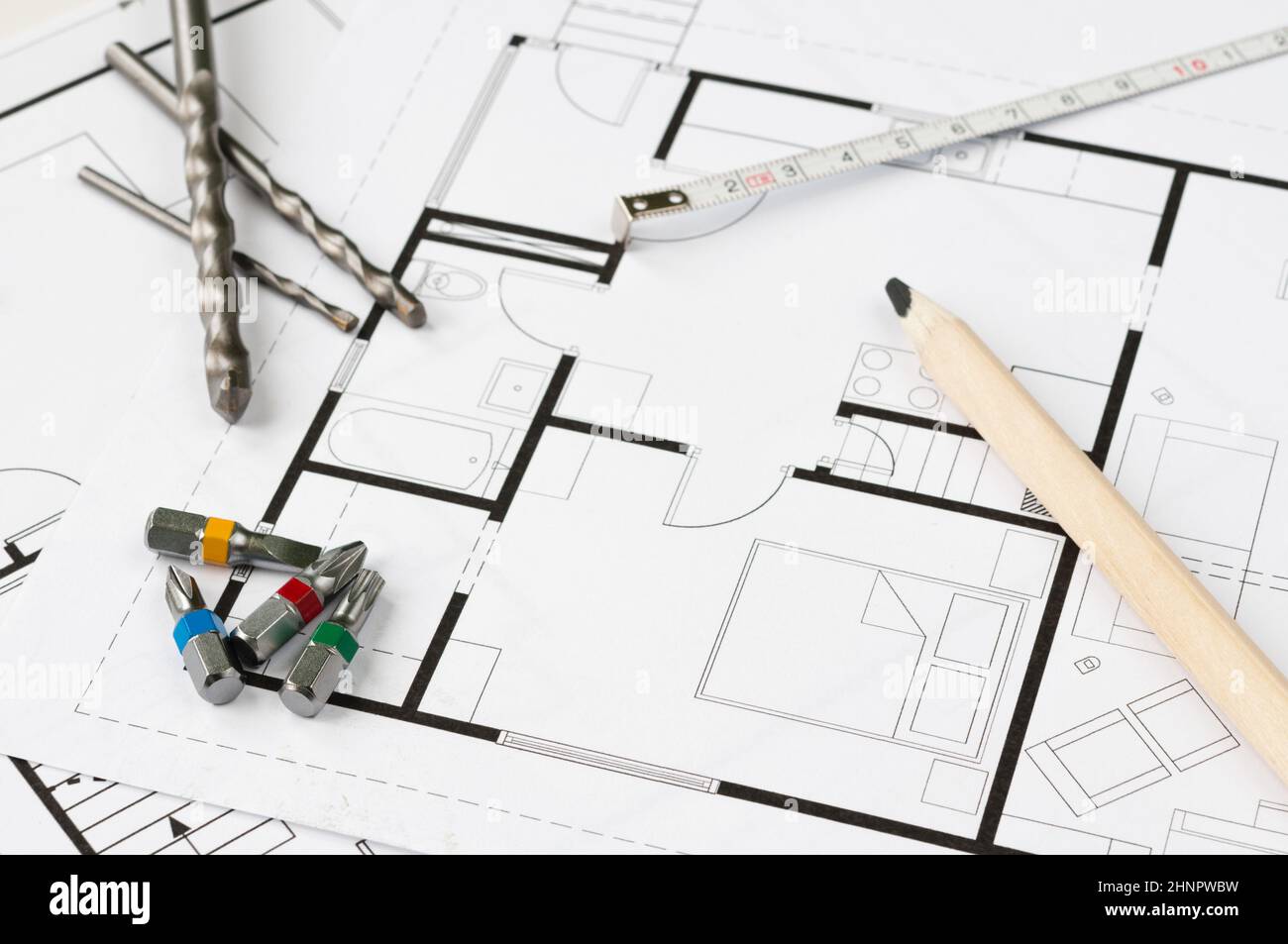 Building plan with selection of construction tools Stock Photo - Alamy