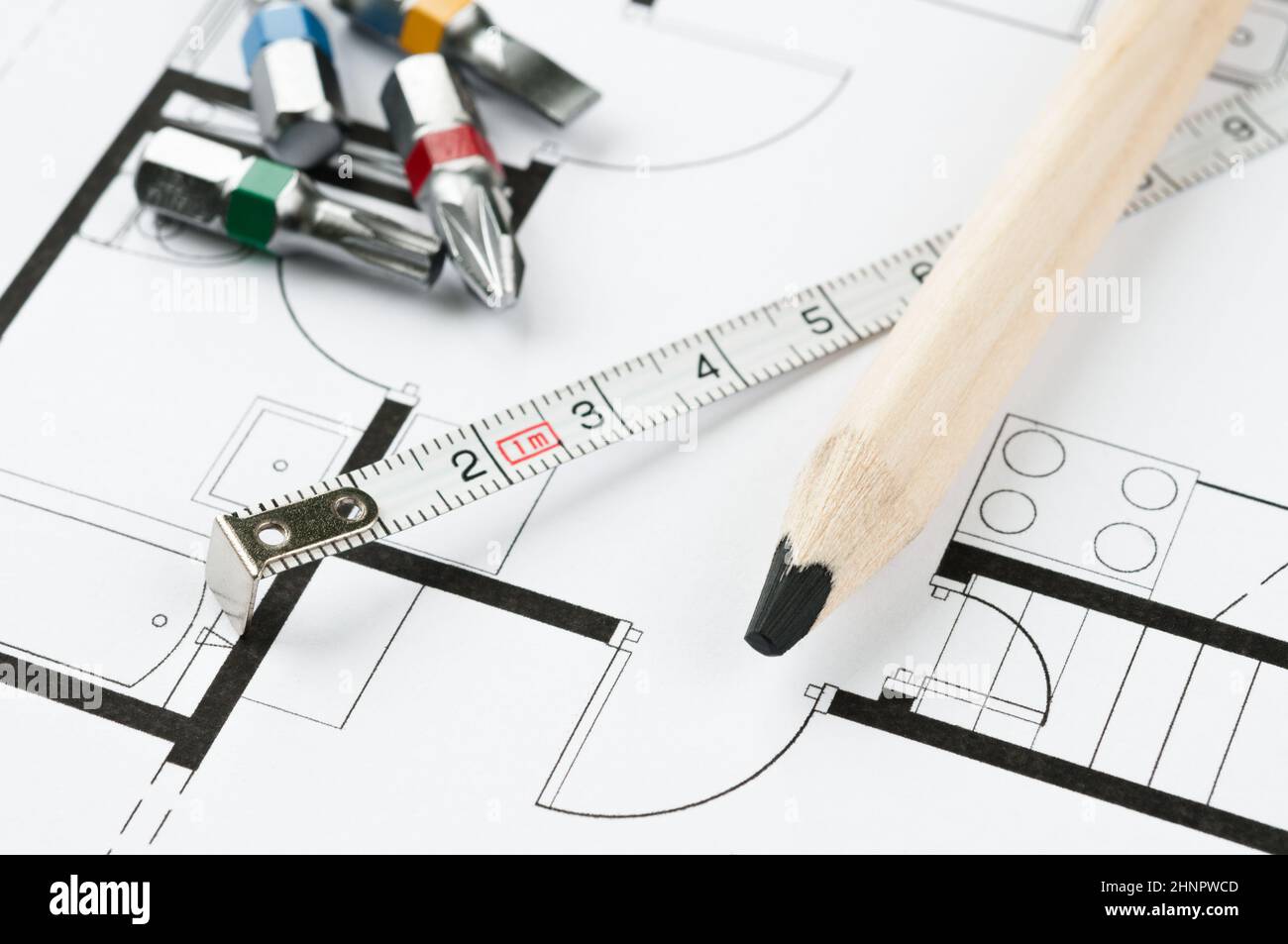 Building plan with selection of construction tools Stock Photo - Alamy
