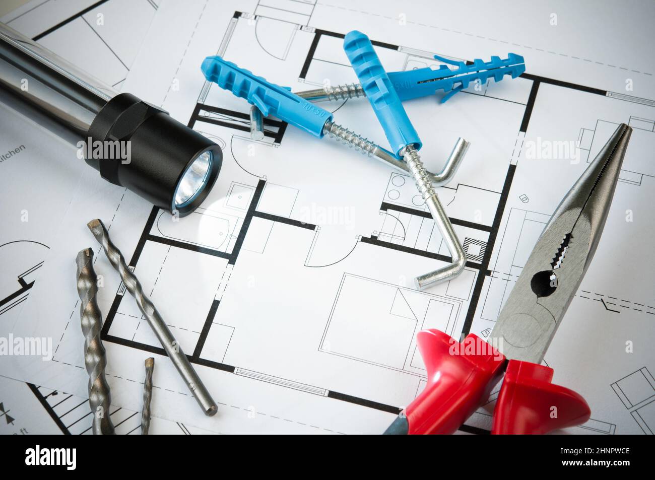 Building plan with selection of construction tools Stock Photo - Alamy