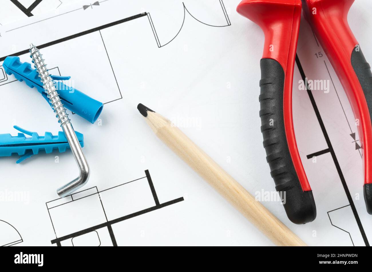 Building plan with selection of construction tools Stock Photo - Alamy
