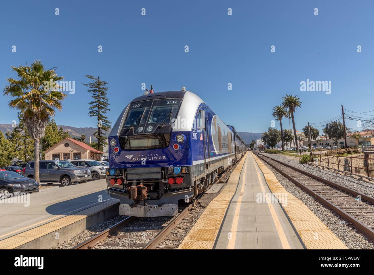 the pacific surfliner train enters the station at Santa Barbara. The ...