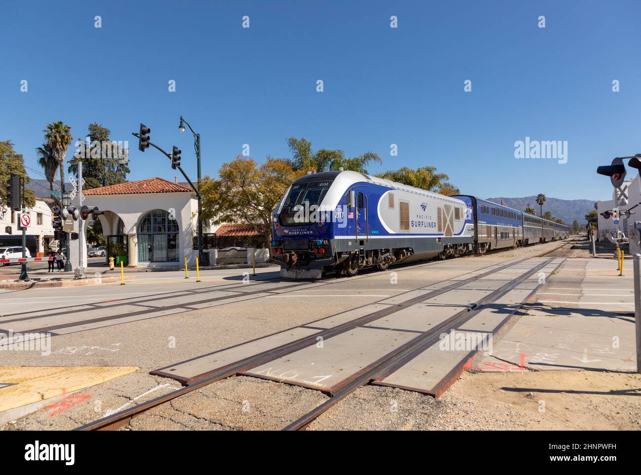 the pacific surfliner train enters the station at Santa Barbara. The ...