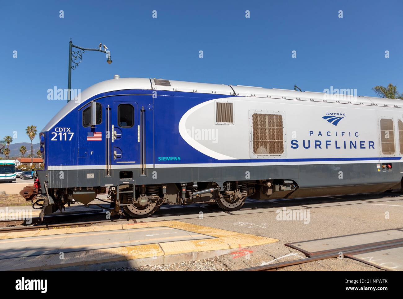 the pacific surfliner train enters the station at Santa Barbara. The ...
