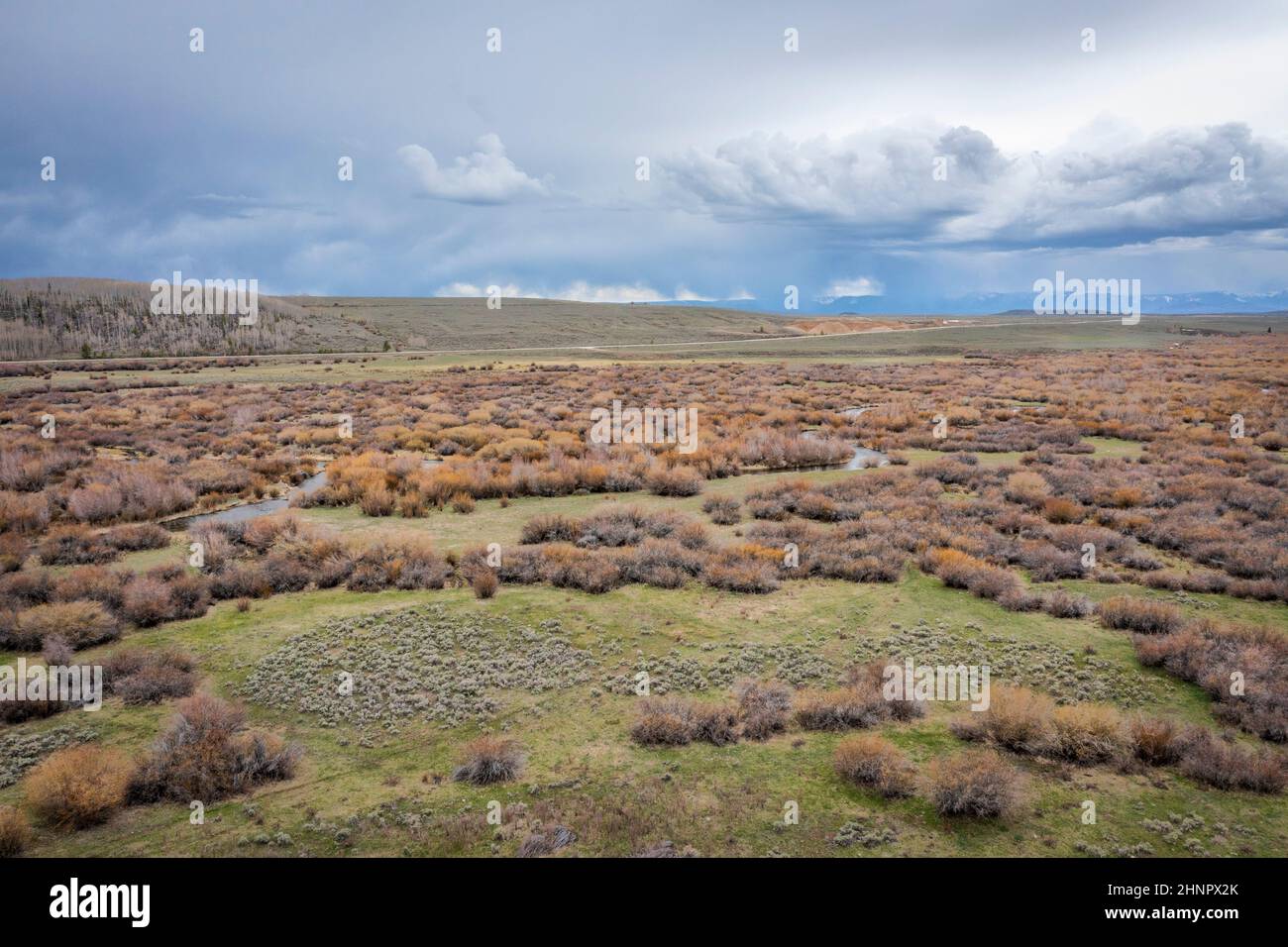 early spring aerial view of North Park in Colorado - Michigan River and ...