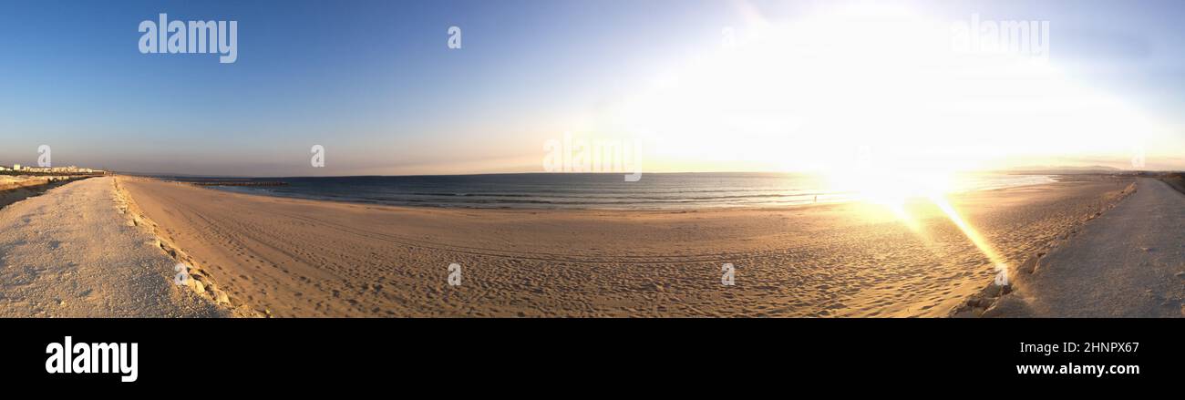 Atlantic ocean panorama with the sand beach. horizon line with the ...