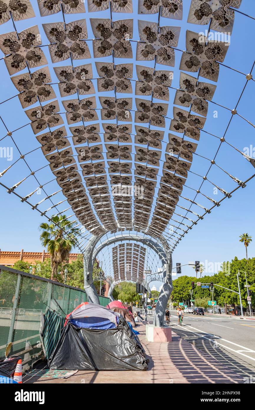 homeless people live in Los ANgeles in tents at the highway bridge. In ...