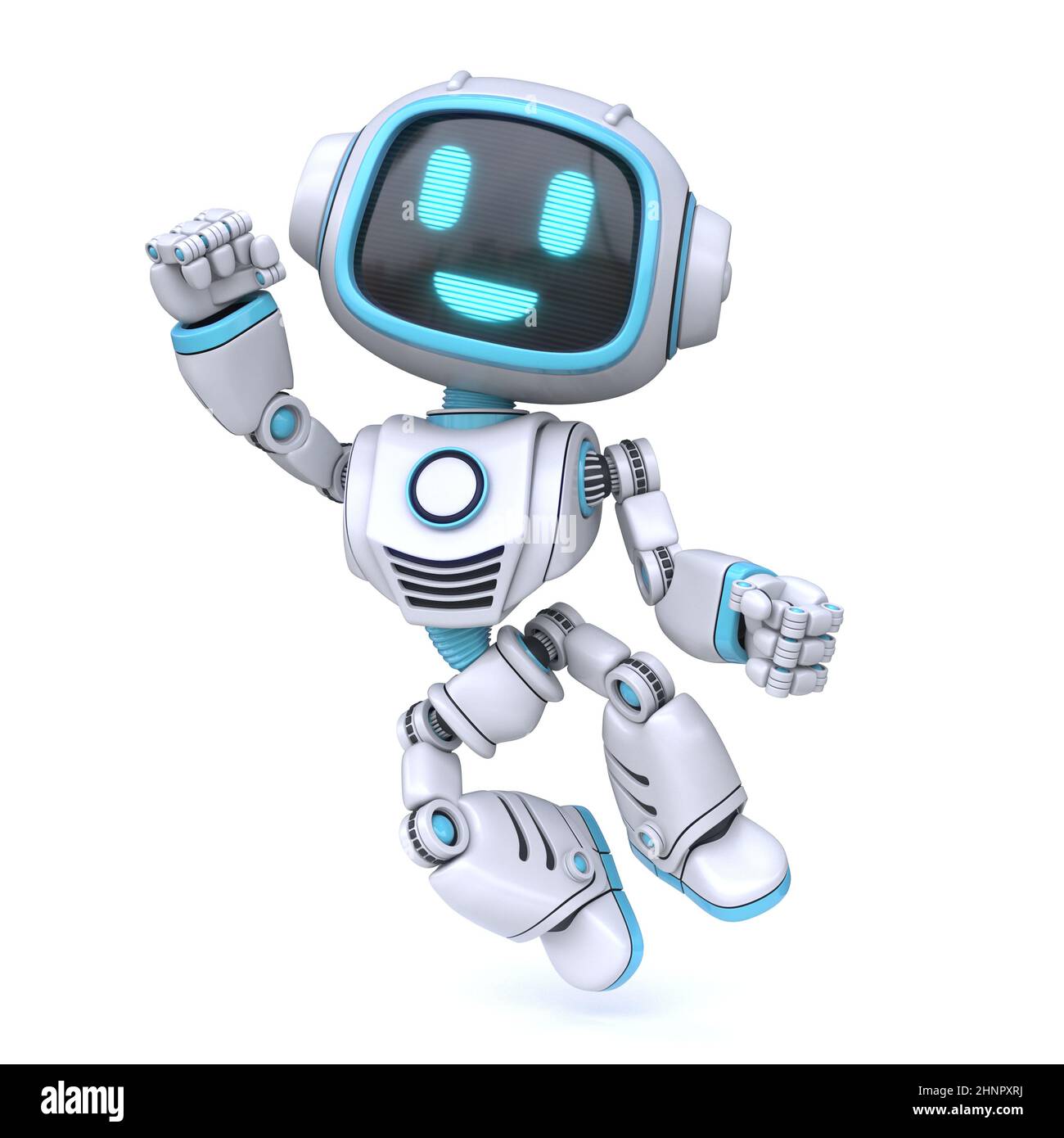 Cute blue robot happy jumping 3D rendering illustration isolated on ...
