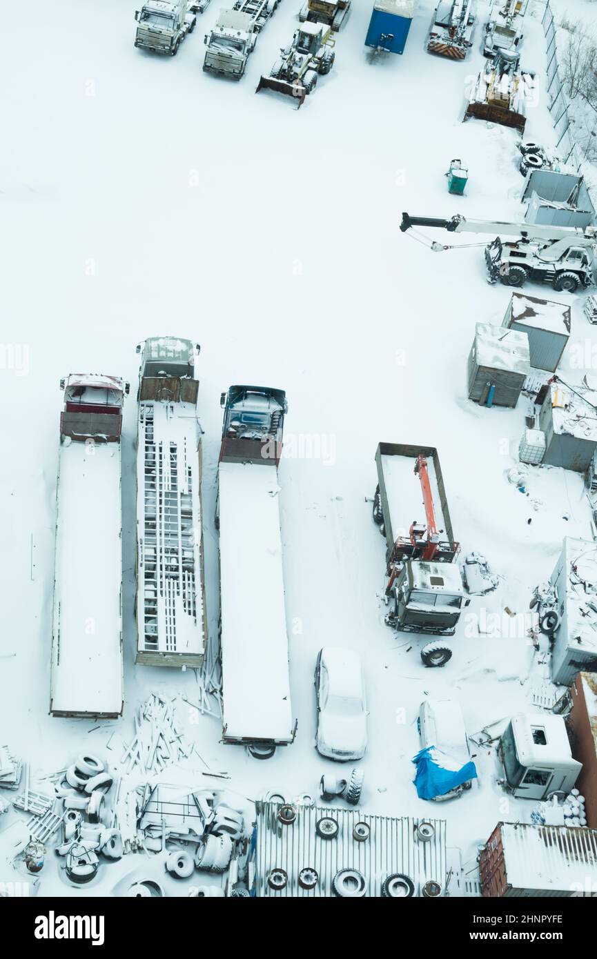 Truck under the snow. lorry covered with snow after snowfall. long ...