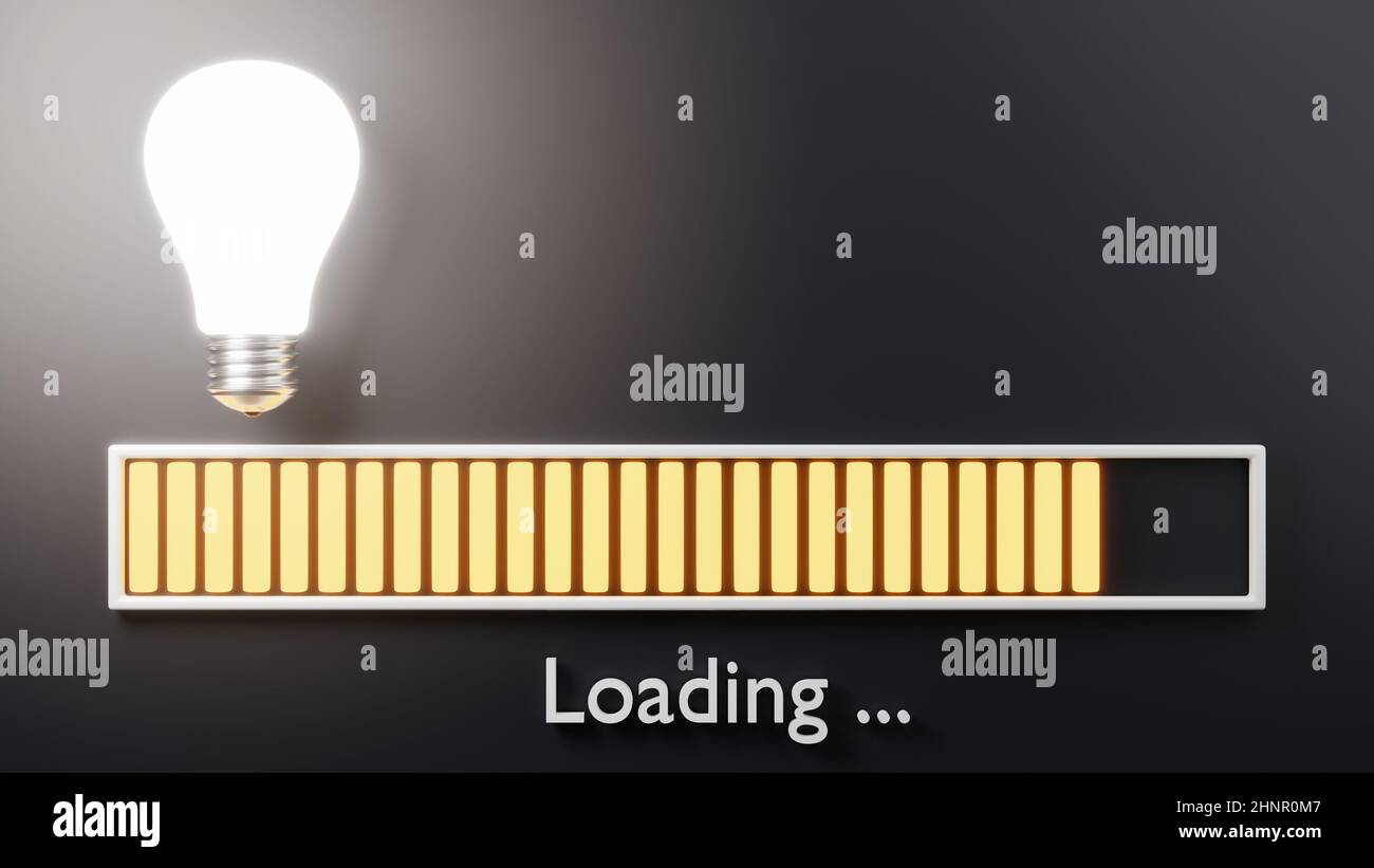 Loading bar progressing with bulb almost complete, Idea loading concept, lightbulb big idea ...