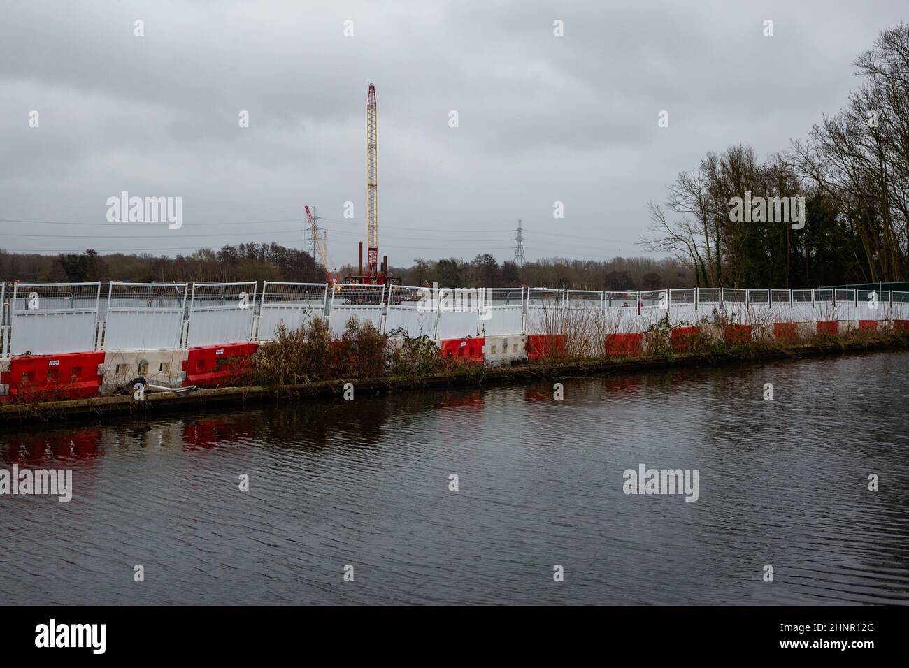 Harefield, UK. 16th February, 2022. Preparatory works alongside the Grand Union Canal in the ...