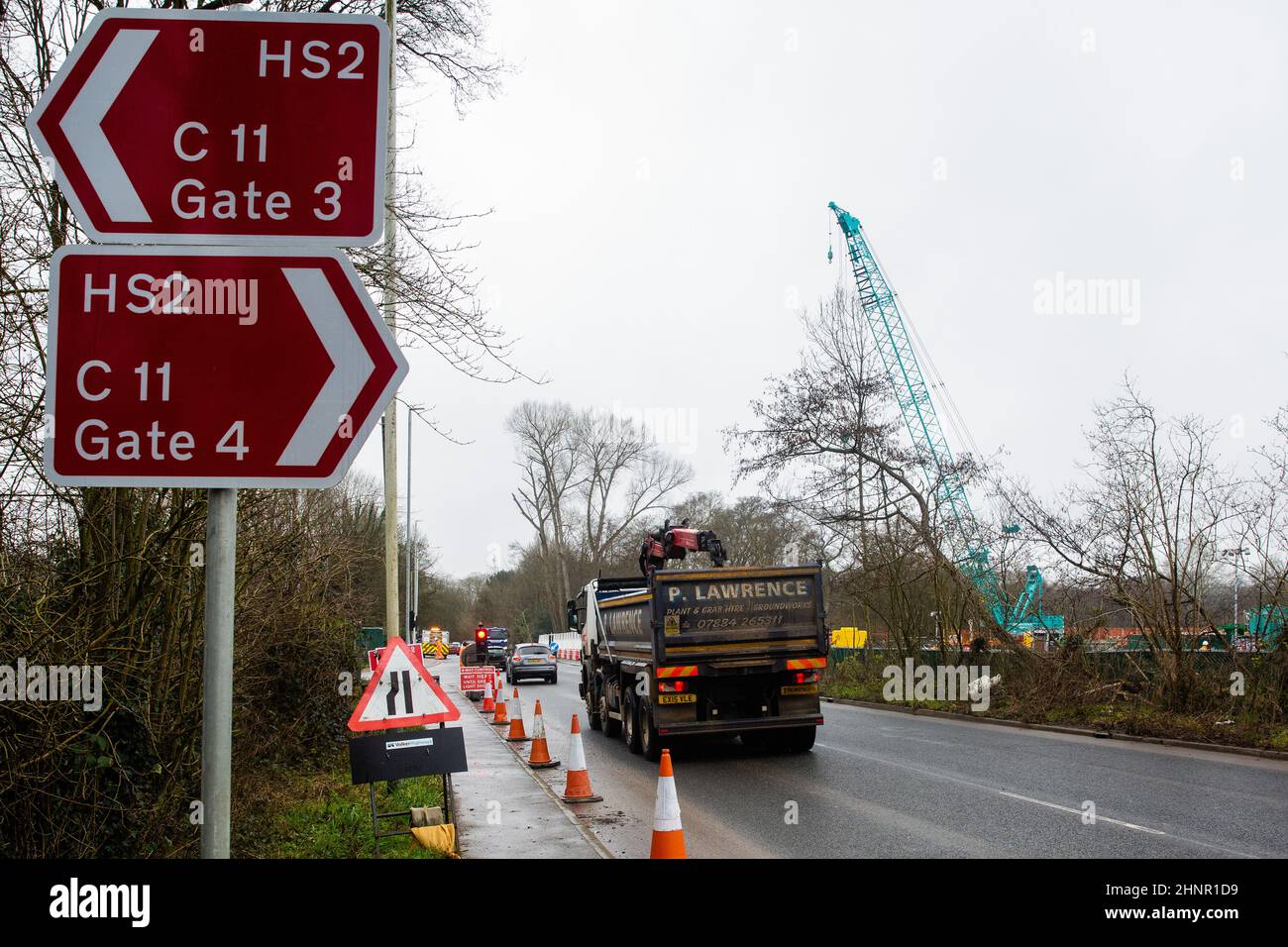 Harefield, UK. 16th February, 2022. Traffic queues on Moorhall Road as a result of construction ...