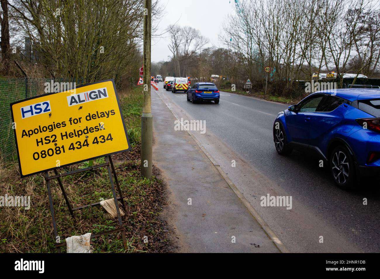 Harefield, UK. 16th February, 2022. Traffic queues on Moorhall Road as a result of construction ...