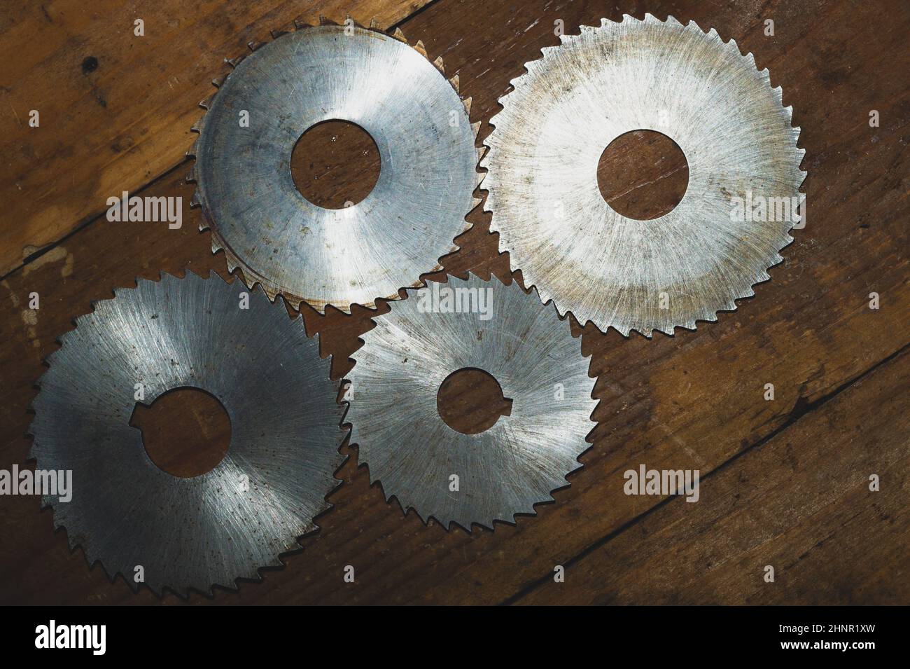 Circular saw blades. carpentry tools. industrial background. equipment ...