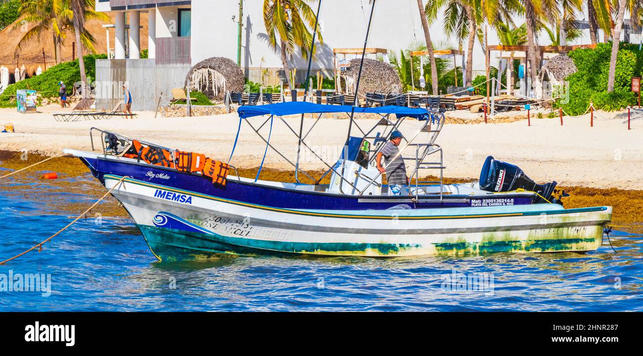 Boats yachts at Tropical mexican beach Playa del Carmen Mexico Stock ...