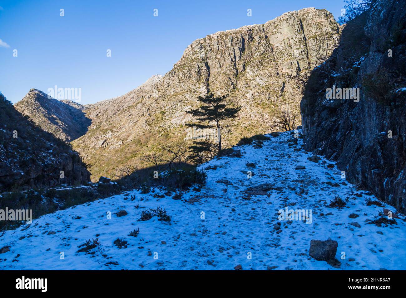 Winter landscape with snow in mountains of Serra do Geres natural park ...