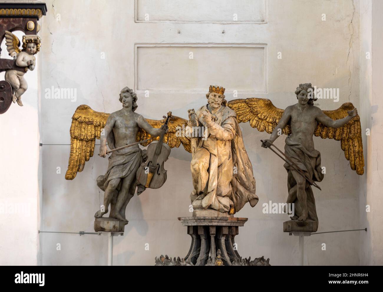 Baroque sculptures of David and musician angels in St. Mary's Basilica ...