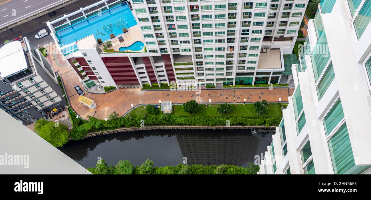 View down on landscape from skyscraper architecture in Bangkok Thailand ...