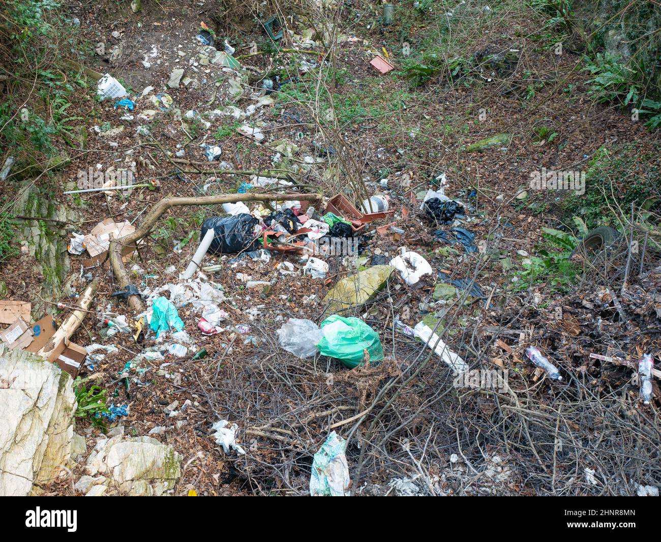 different kinds of waste abandoned in nature, a symbol of pollution and ...