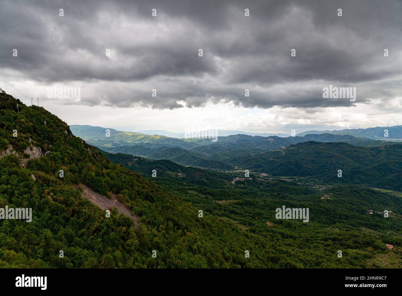 Landscape of mountains and hills around little town Subiaco, province ...