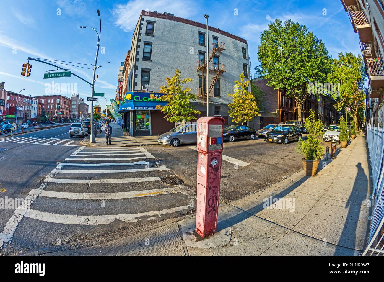 typical street scene with emergency call phone in early morning in New ...