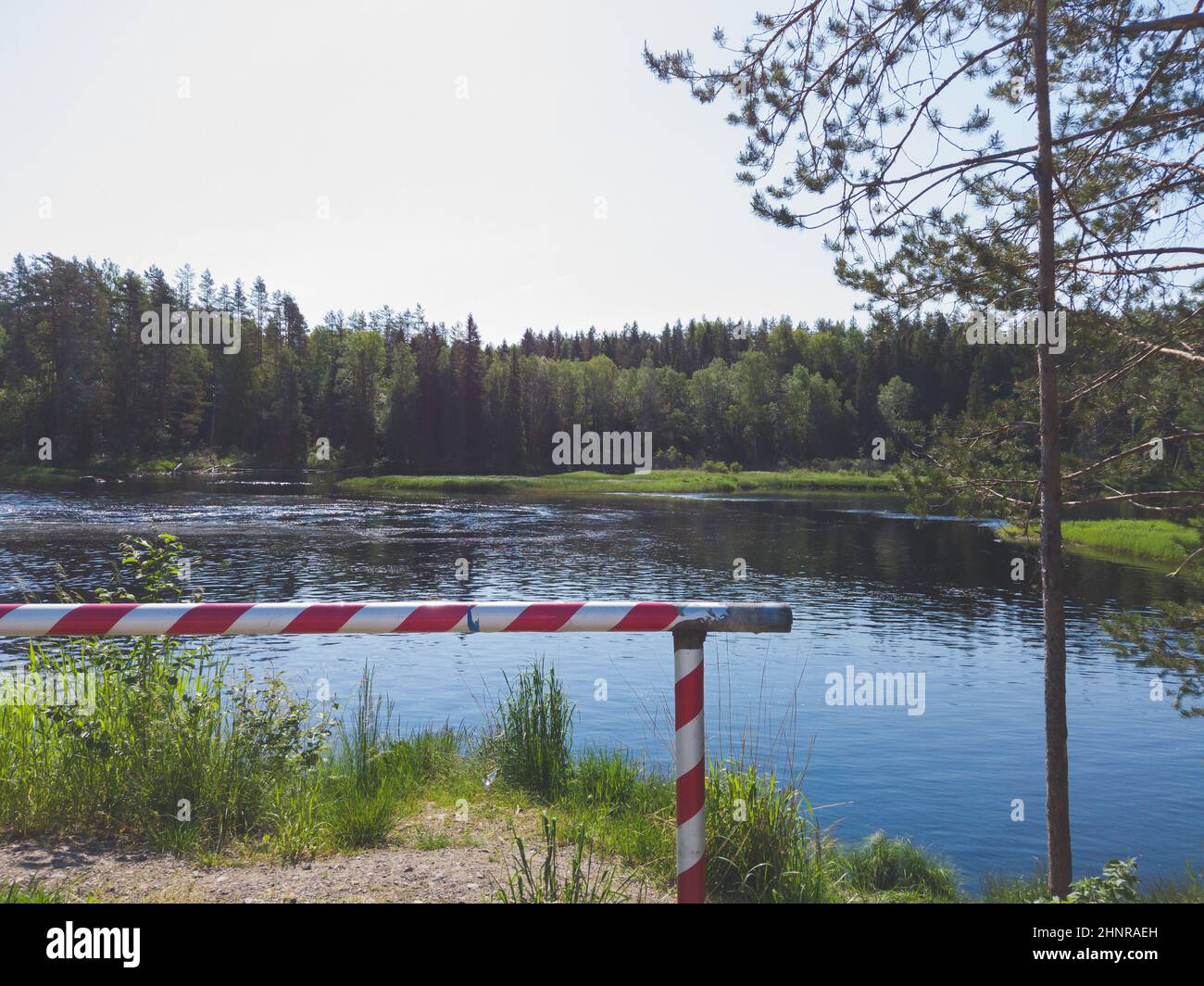 Barrier in front of beautiful lake. landscape with pond and forest ...