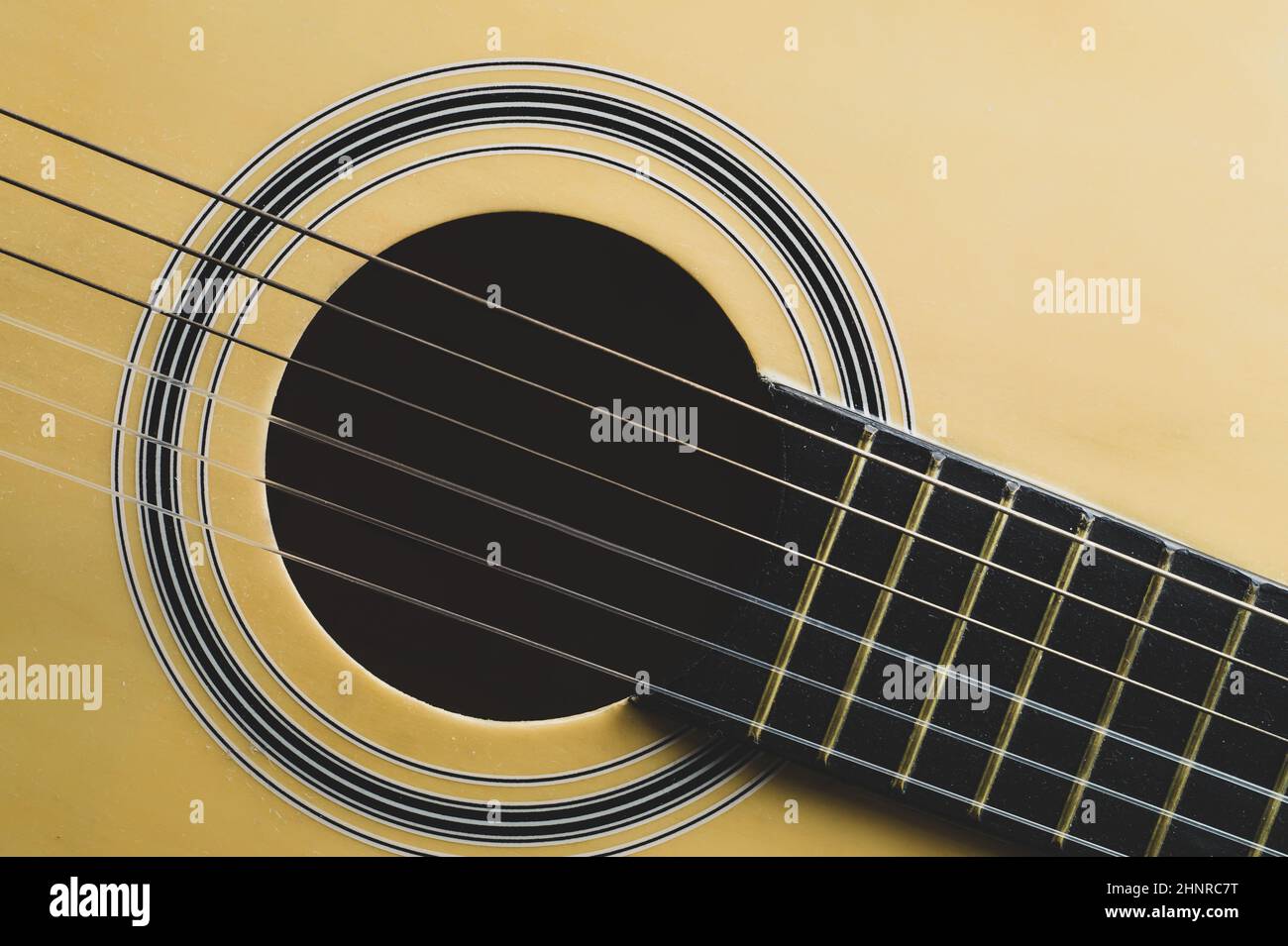 Acoustic guitar close up. musical instrument. strings on the guitar ...