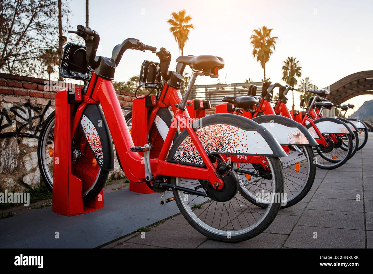 Bike rental station. The row of bicycles is ready for sharing Stock ...