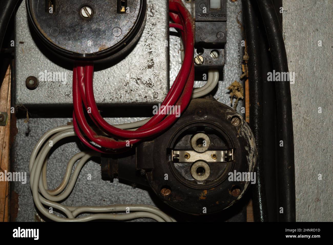 Old power socket in a electric power supply box. industrial background ...