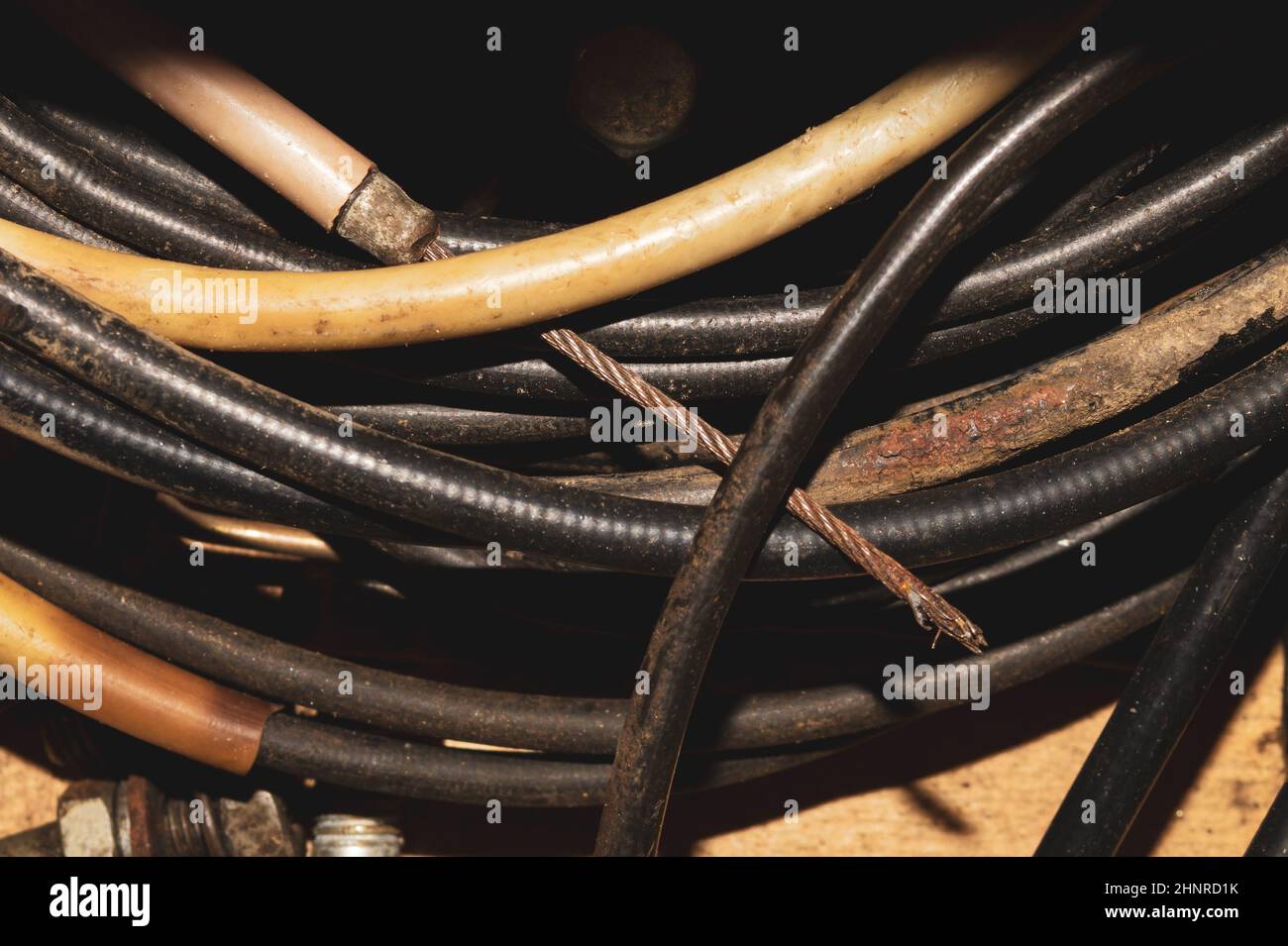 Used electric colorful wires. hank of different old cables close up ...